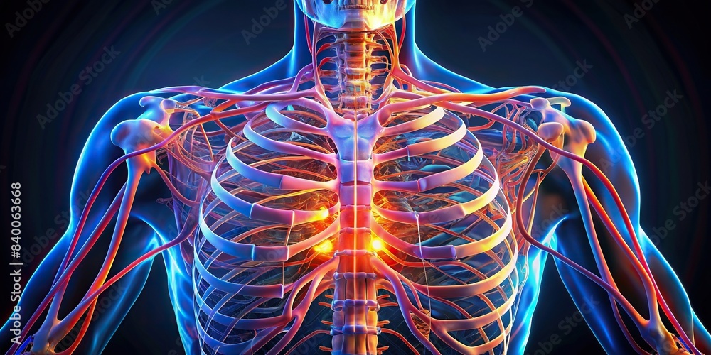 ภาพประกอบสต็อก Neon illuminated rib cage anatomy model , medical ...