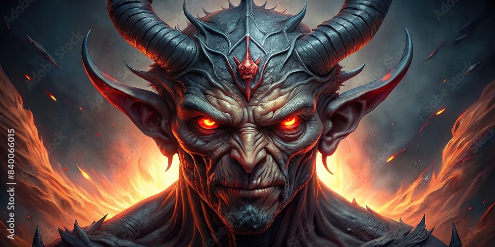 Malevolent demon with glowing red eyes and sharp horns , evil ...