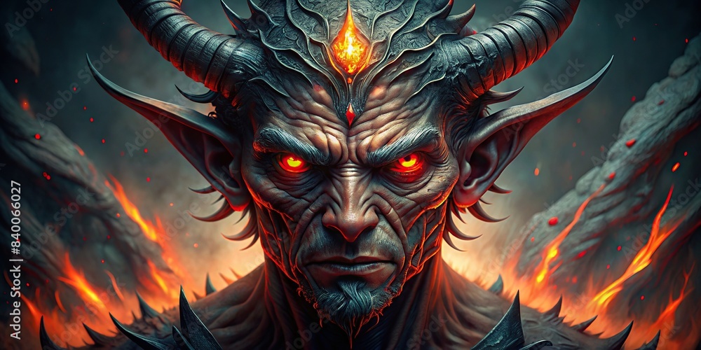 Malevolent demon with glowing red eyes and sharp horns , evil ...