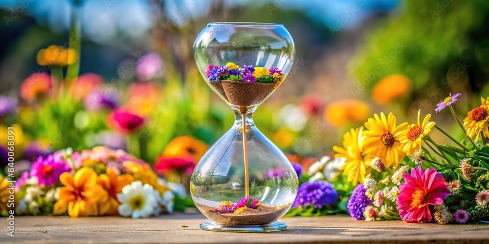 Sandclock filled with colorful flowers, sandclock, flowers, time ...