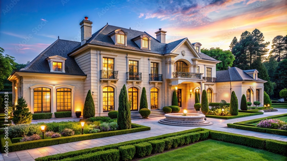 Luxurious and elegant mansion with elegant architecture and landscaping ...