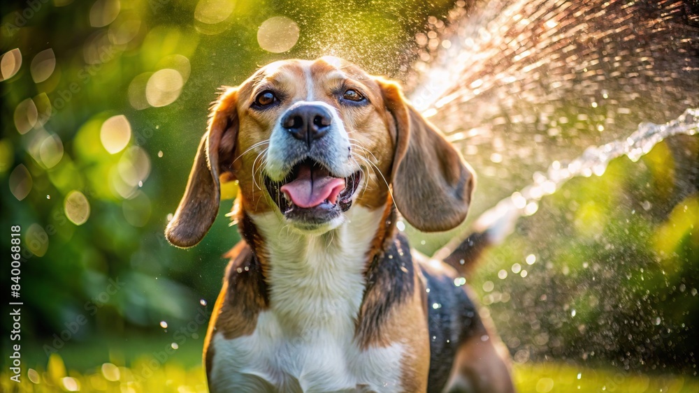 A cute beagle dog enjoying a refreshing spray from a water hose to ...