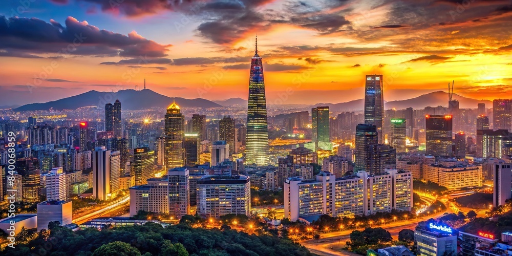 Seoul skyline at sunset with futuristic buildings and glowing lights ...