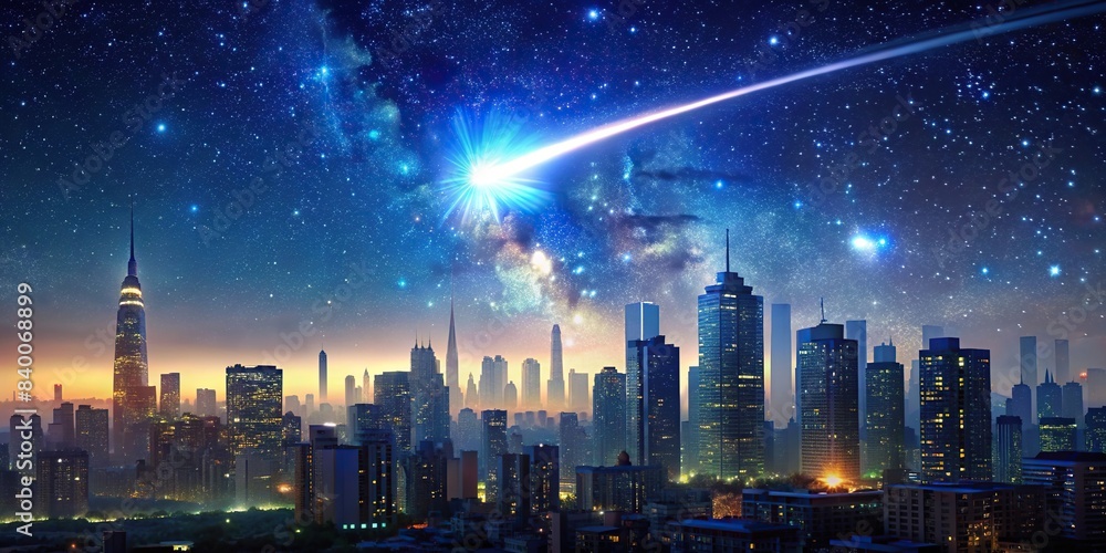 City skyline at night with shooting star animation in seamless looping ...