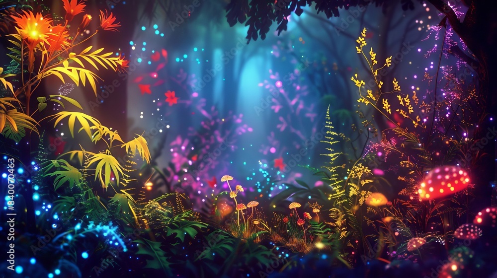 Enchanted forest with glowing flora close up, focus on, copy space ...