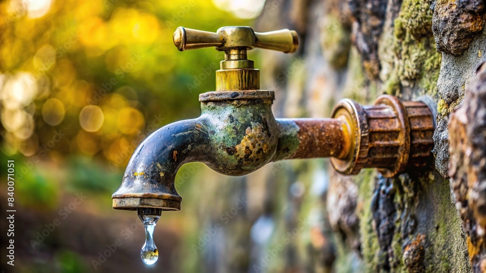 Water faucet covered in mineral deposits, dispensing low-quality water ...