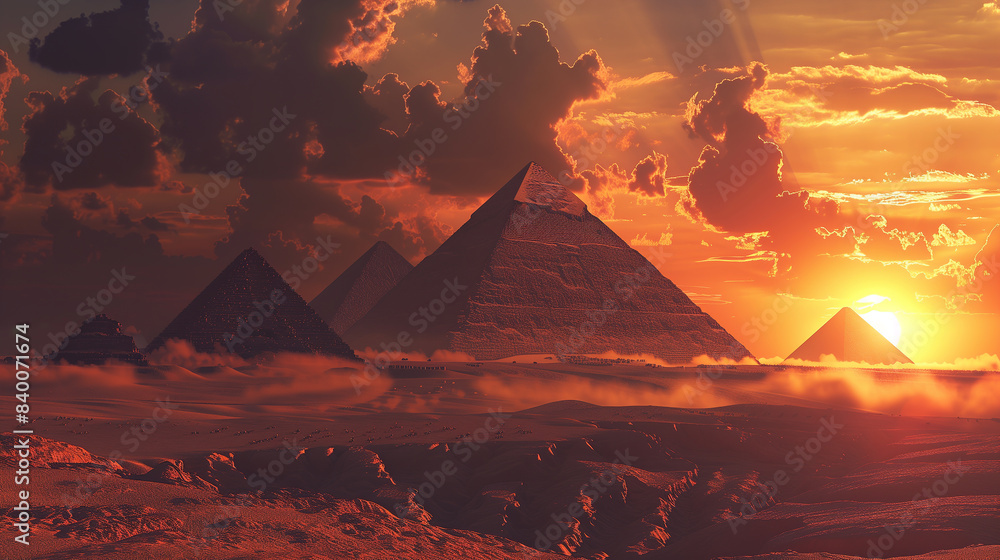 The sun is setting over the pyramids of Egypt, casting a warm glow over ...