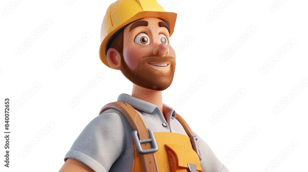 Animated construction worker with a beard, wearing a hard hat and ...