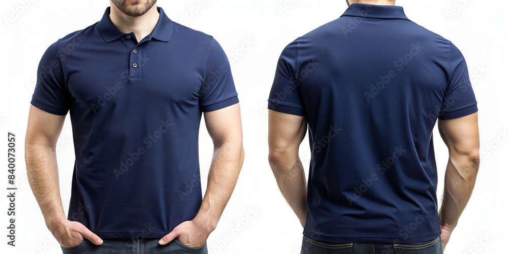 Man wearing a navy blue polo shirt, front and back view, mockup, polo ...