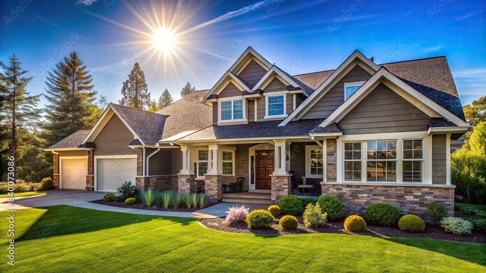 Beautiful ranch style home exterior bathed in sunlight on a clear blue ...