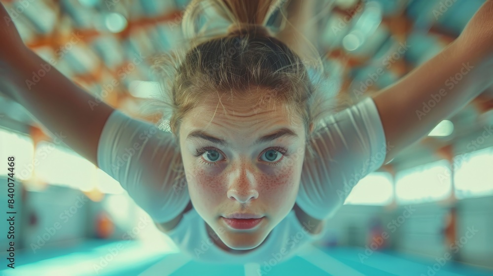 Gymnastic trick performed by a girl athlete in a professional gym ...