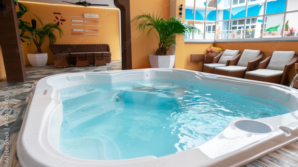 Fiberglass swimming pool with Jacuzzi and clean water indoors. Summer ...