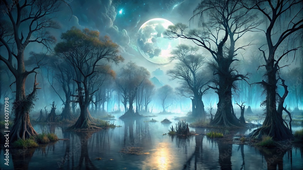Spectral moonlit swamp with fog, dark waters, twisted trees, and full ...
