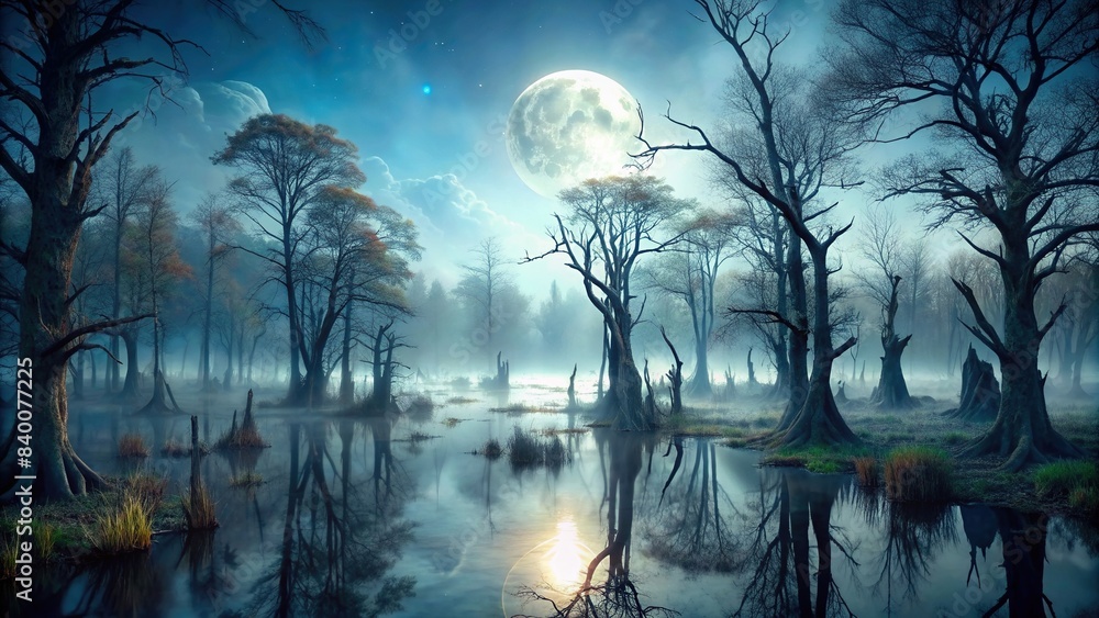 Spectral moonlit swamp with fog, dark waters, twisted trees, and full ...