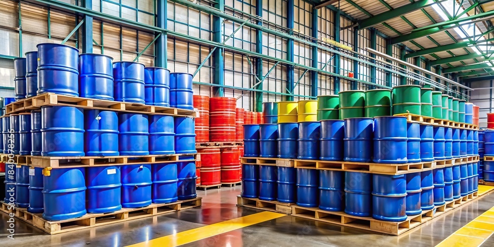 Industrial barrels filled with hazardous chemicals in a warehouse ...