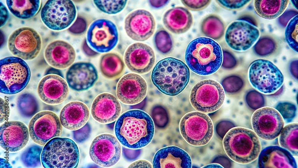 Detailed microscopic view of pathology slide showing abnormal cells in ...
