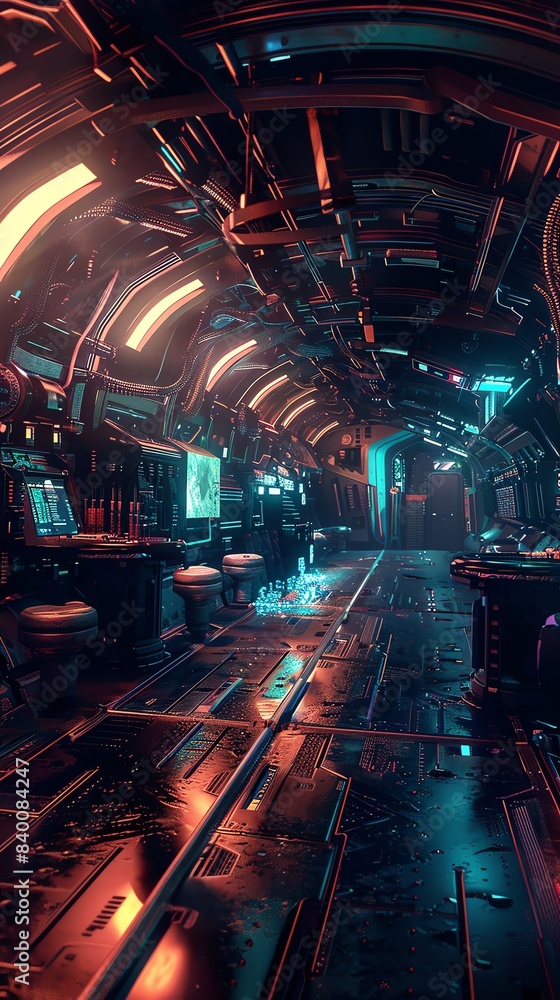 Design a high-tech spaceship interior featuring advanced holographic ...