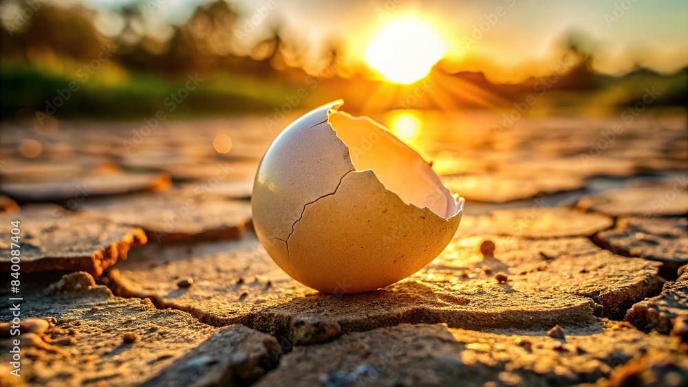 Cracked eggshell lying on the ground in the sunlight, broken, egg ...