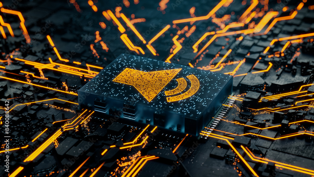 Sound Technology Concept with audio symbol on a Microchip. Data flows ...