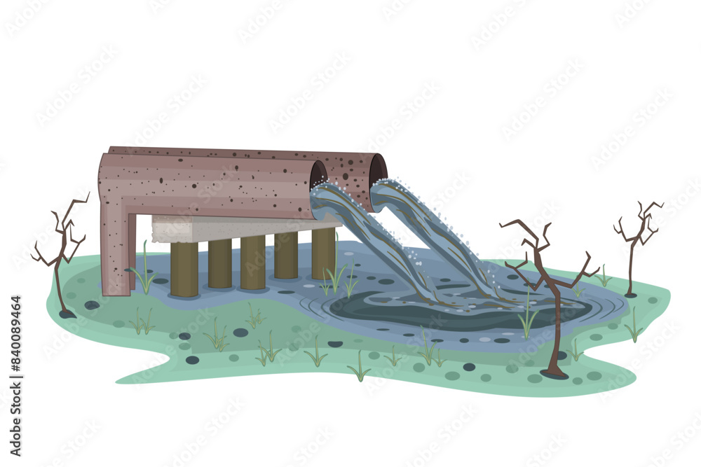 Water pollution from industrial pipes. Waste flow pollution in nature ...