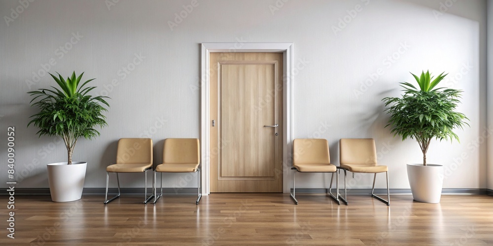 Empty waiting room with chairs, plant, and door , blank wall, office ...