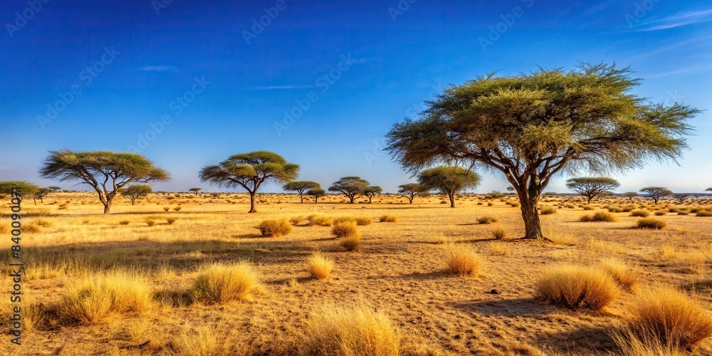 Dry grasslands with scattered acacia trees under a clear blue sky in the Sahel region, Sahel ...