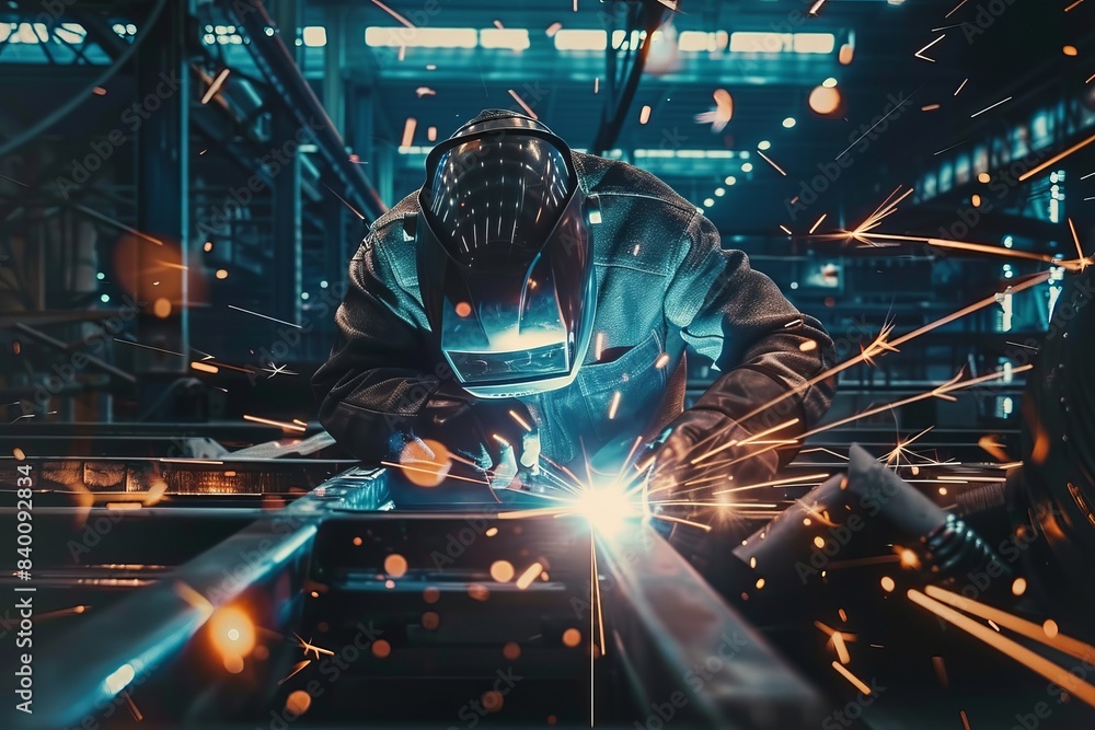 A welder fusing metal in a hightech factory, front view, showcasing ...