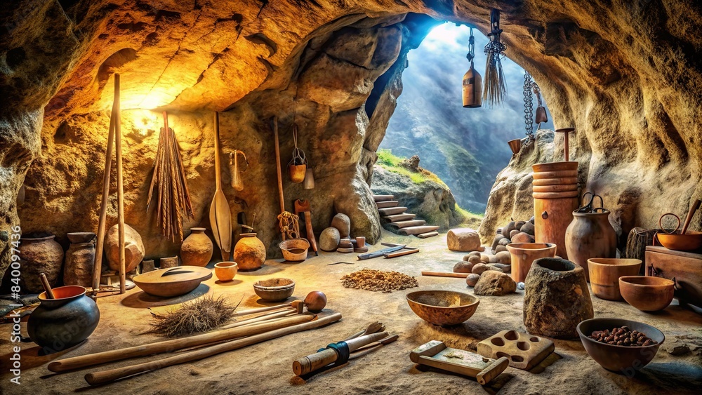 of a prehistoric stone age cave with ancient tools and artwork ...