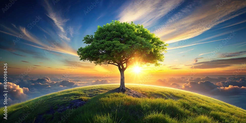 ภาพประกอบสต็อก Scenic sunrise vista with a small tree, evoking concepts ...