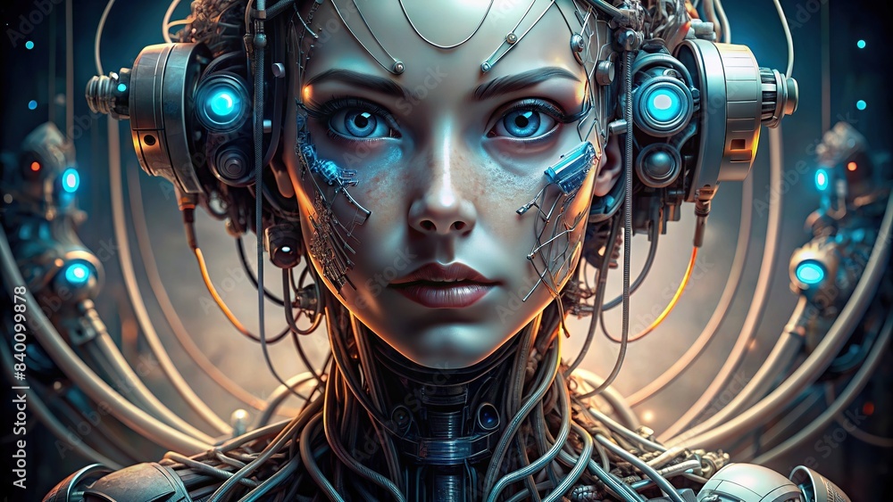 Futuristic robot with blue eyes and wires as hair, robot, artificial ...