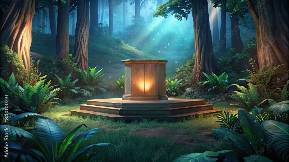 Natural wood podium board in forest landscape stand mockup, wood ...
