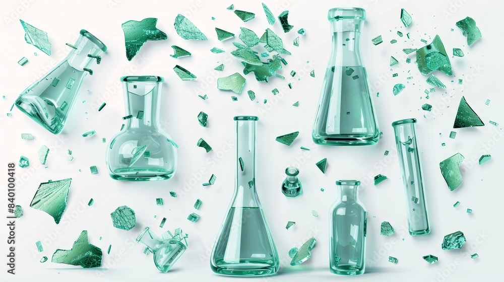 Crushed and smashed glass laboratory chemical measuring flasks and test ...