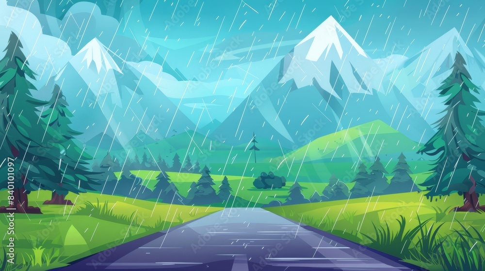 Cartoon modern view of country scenery with grassland near hills under ...