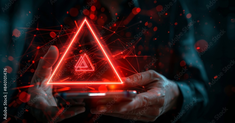 The smartphone shows a warning triangle and various caution symbols ...