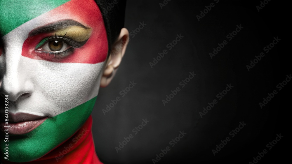 Beautiful woman with face painted in the colors of the Palestinian flag ...