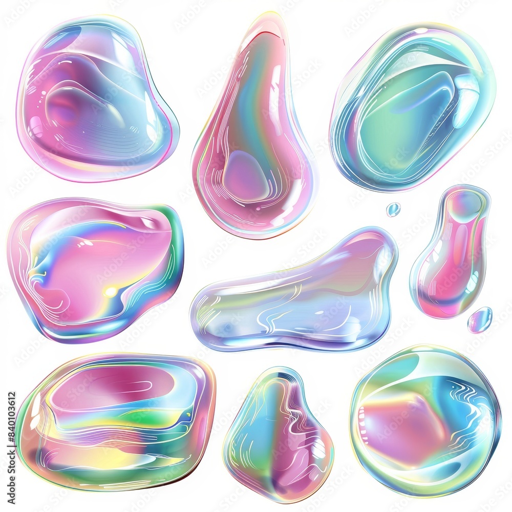 Metal elements collection with chrome Y2K melted shapes on transparent ...