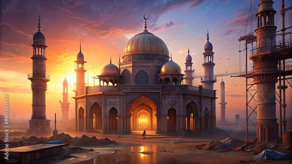 Beautiful mosque under construction in the morning light , mosque ...