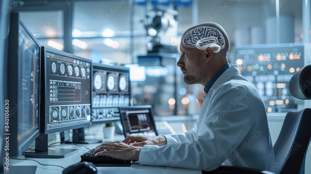 A bald person with a chip implanted in their head, controlling a ...