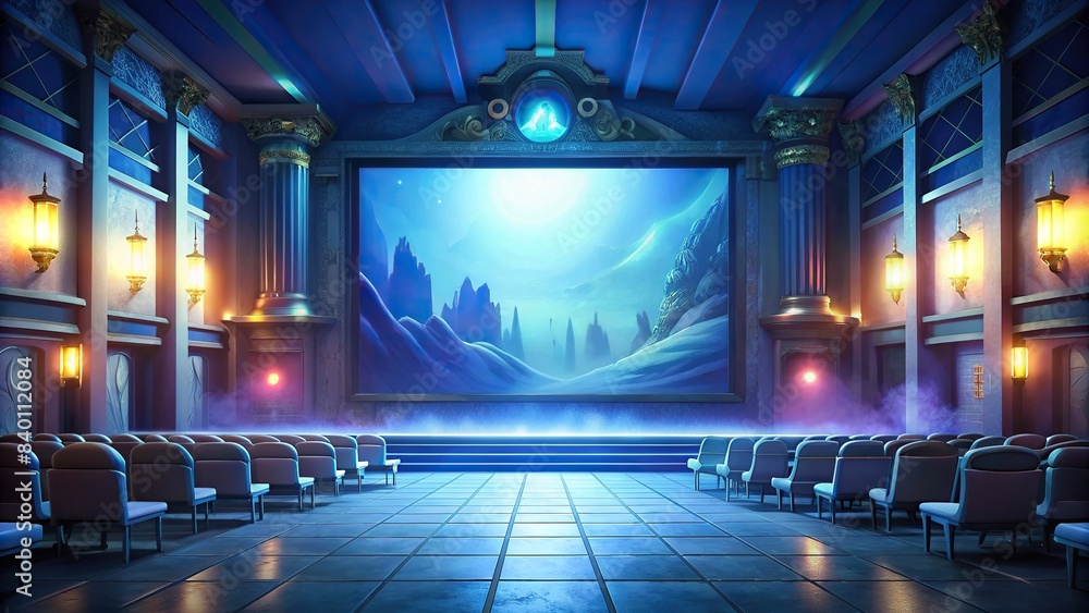Cinema movie poster display mockup with blank screen in theater lobby ...