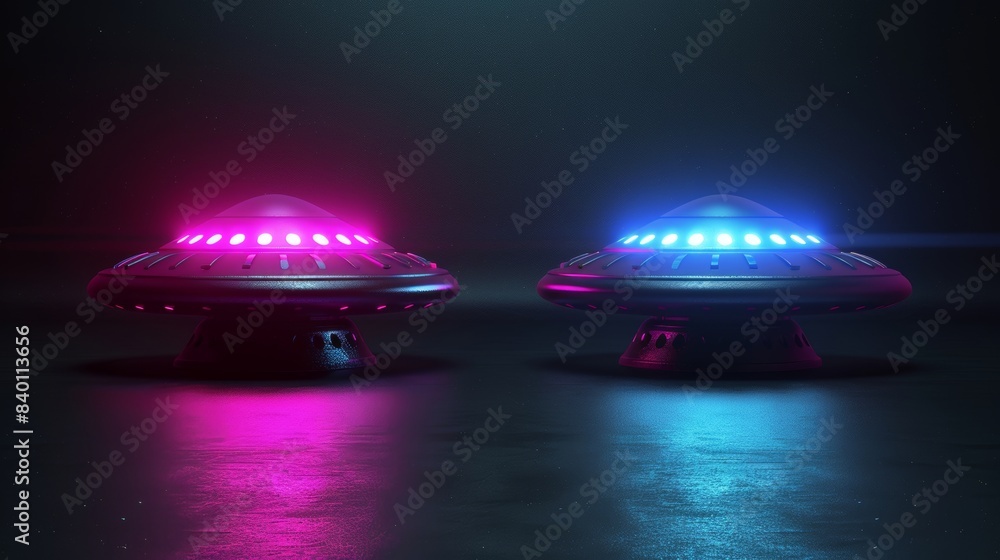 Aliens in space, ufos with blue and purple light beams. Modern ...