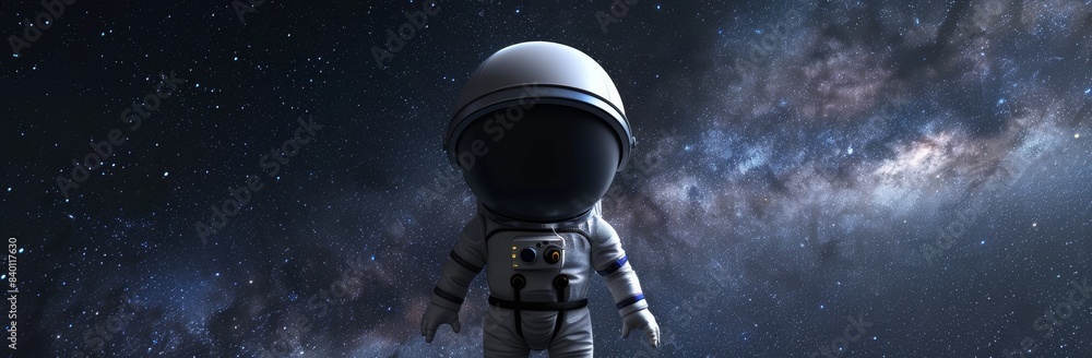 In front of the Milky Way galaxy is a cute cartoon astronaut character ...