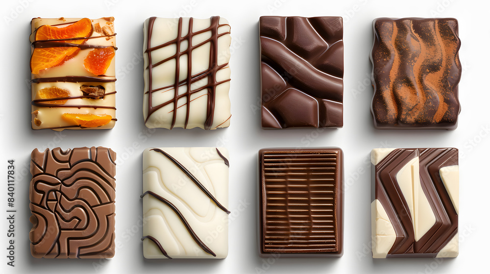 overhead flat lay view of energy protein bar or chocolate bar snack ...