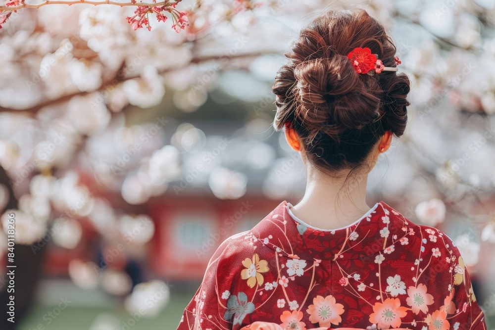 Back of Japanese woman in traditional kimono dress is looking at the ...