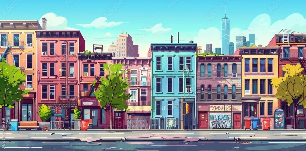 Street in ghetto slum neighborhood, old houses with scribbled walls ...