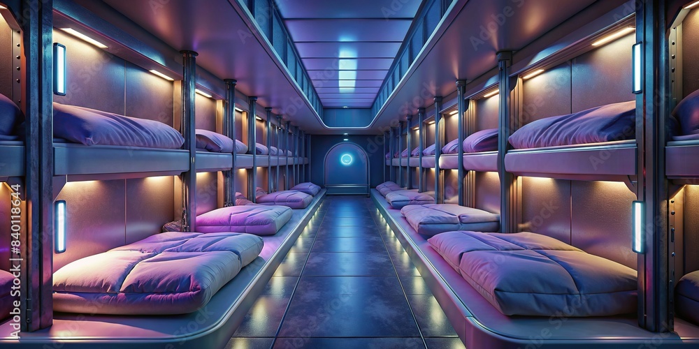 Modern capsule hotel interior with cozy sleeping pods and functional ...
