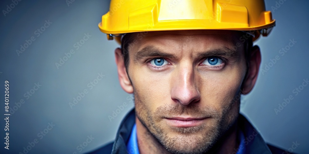 Man with yellow hard hat and blue eyes looking at camera, construction ...