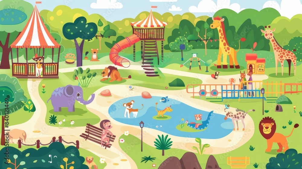 Animal enclosure map of a zoo. Cartoon modern illustration of pandas ...