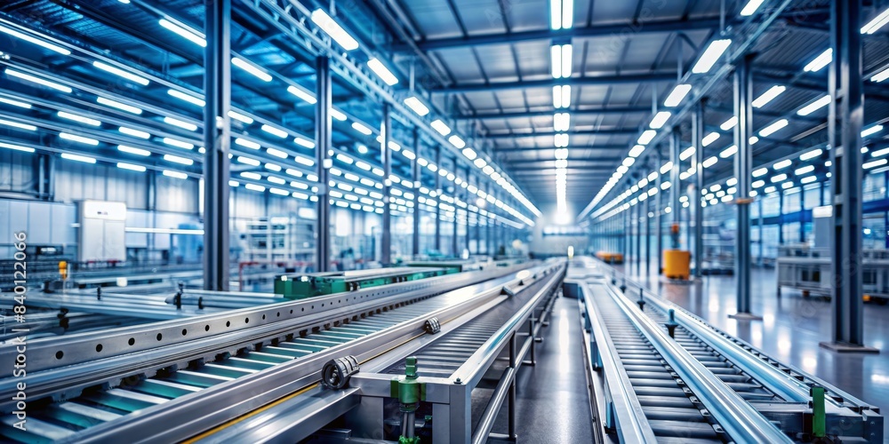 Clean metallic assembly line surface with blurred factory background ...