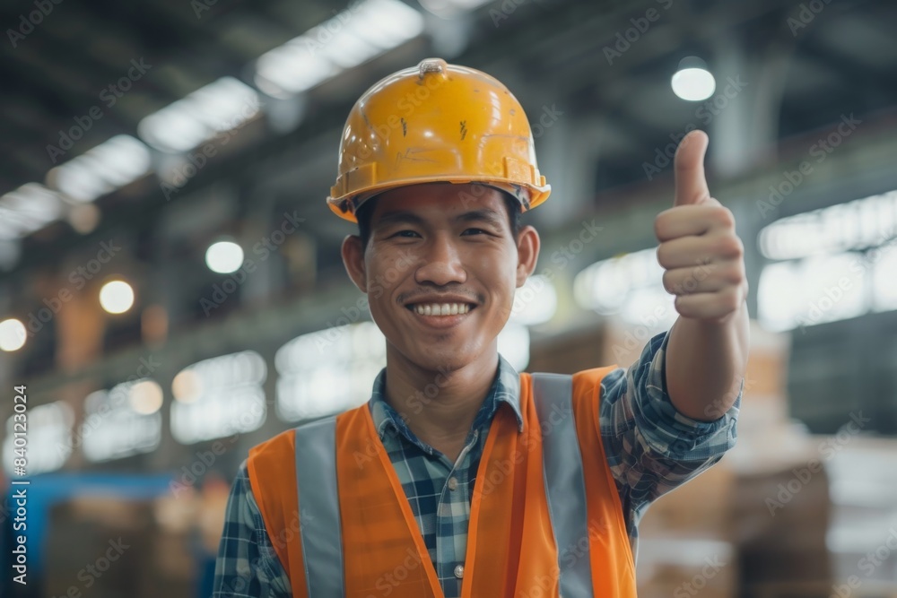 Engineer man hand like sign or factory worker wear safety helmet in ...