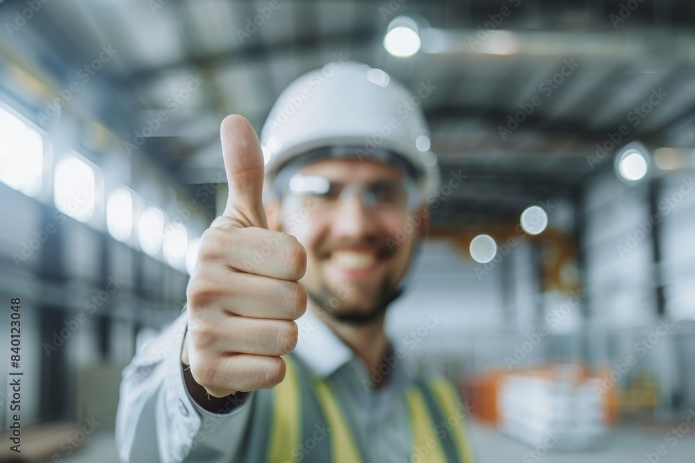 Engineer man hand like sign or factory worker wear safety helmet in ...